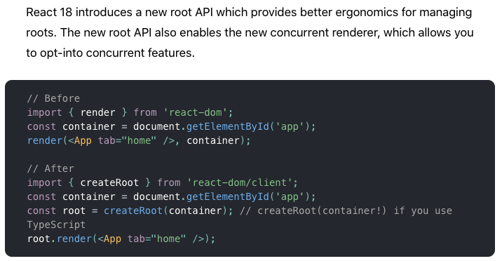 React 18에서 ReactDOM.render 사용하지 않고 createRoot 사용