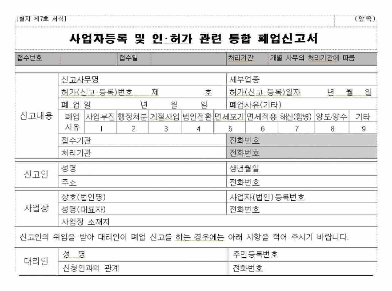 사업자 및 자영업자 휴업 및 폐업신고 및 신고서 양식 다운로드