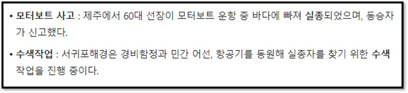 제주시 구좌읍 종달리 앞 바다 해상 모터보트 선체 살피려 입수한 60대 선장 실종