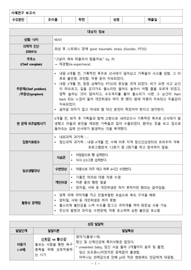 정신간호학실습 Ptsd 외상 후 스트레스 장애 사례연구 보고서 간호진단5개 간호과정2개