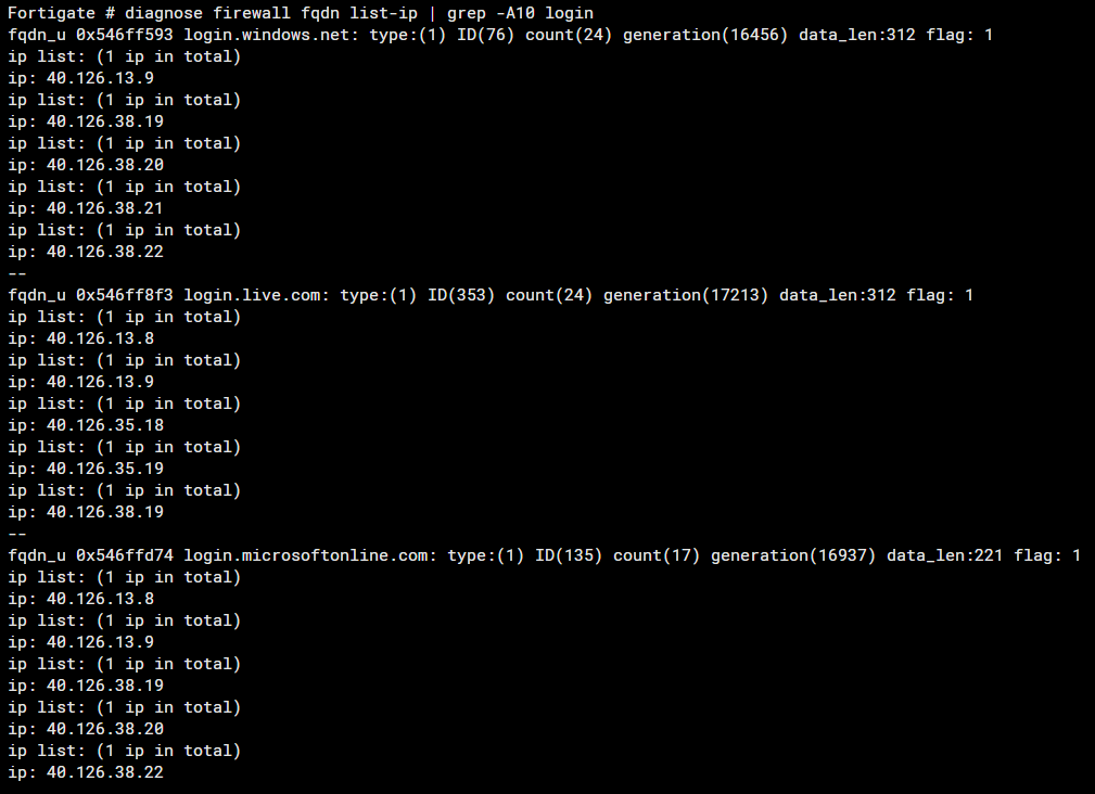 Fortigate FQDN address IP list CLI로 확인하는 방법