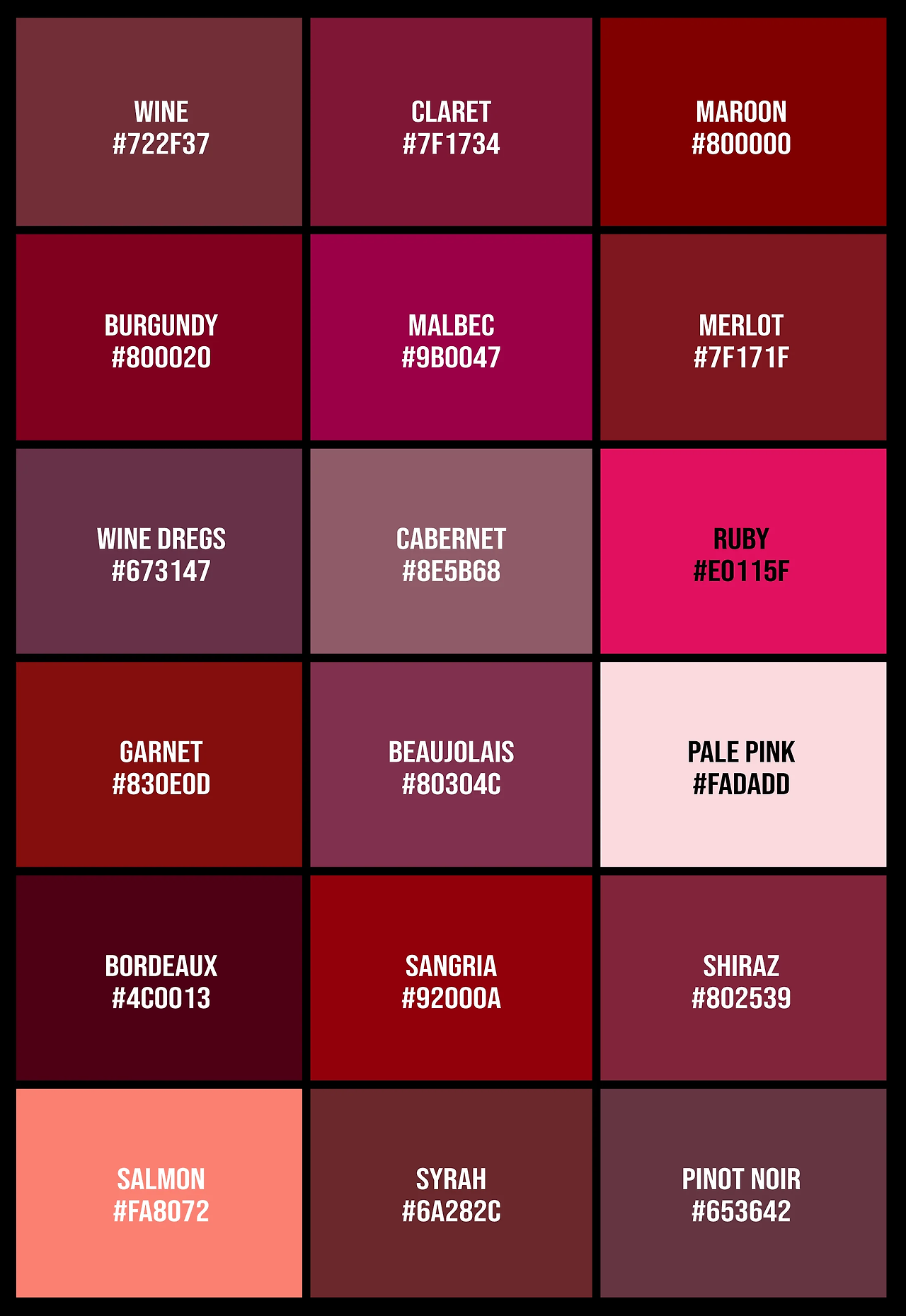 와인 컬러 이름 25개 hex code RGB CMYK