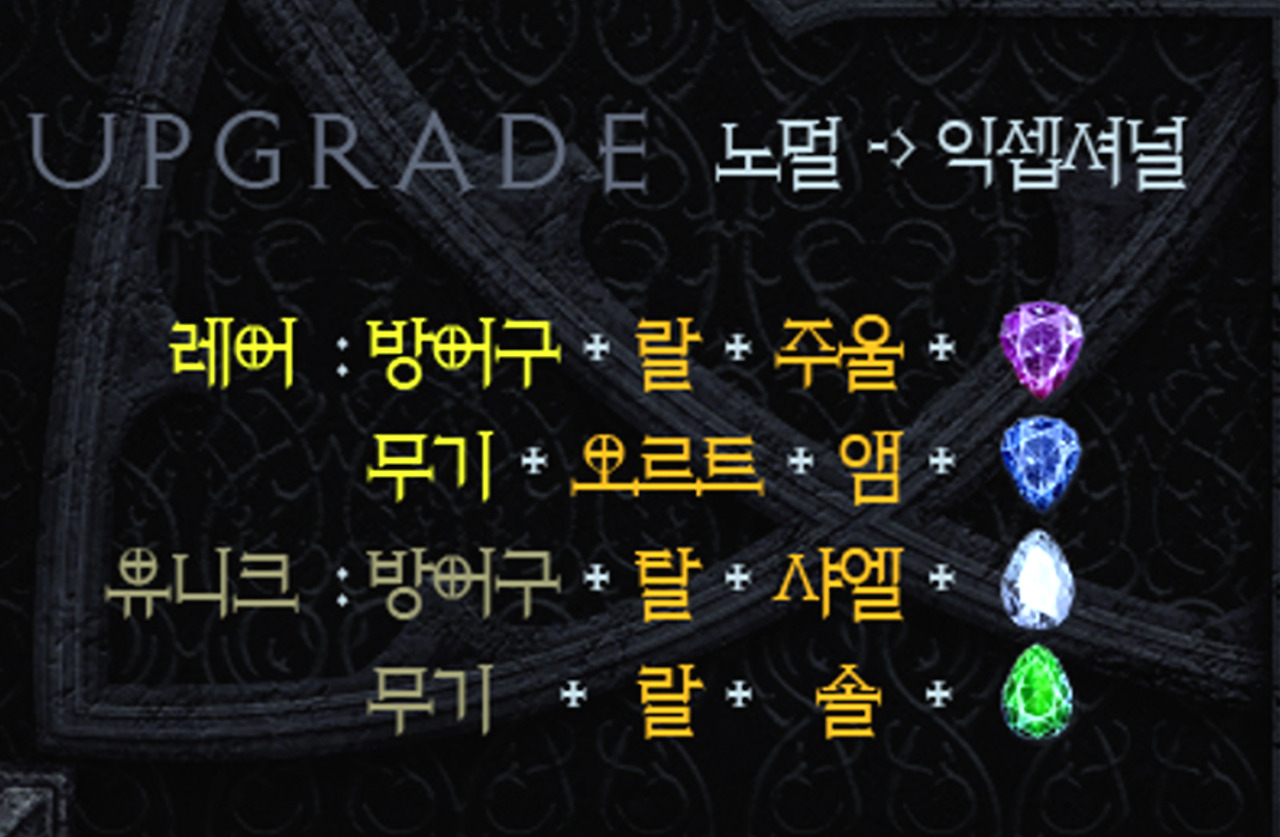 디아블로2 레저렉션 레어and유니크 아이템 업그레이드 공식 노말익셉셔널엘리트