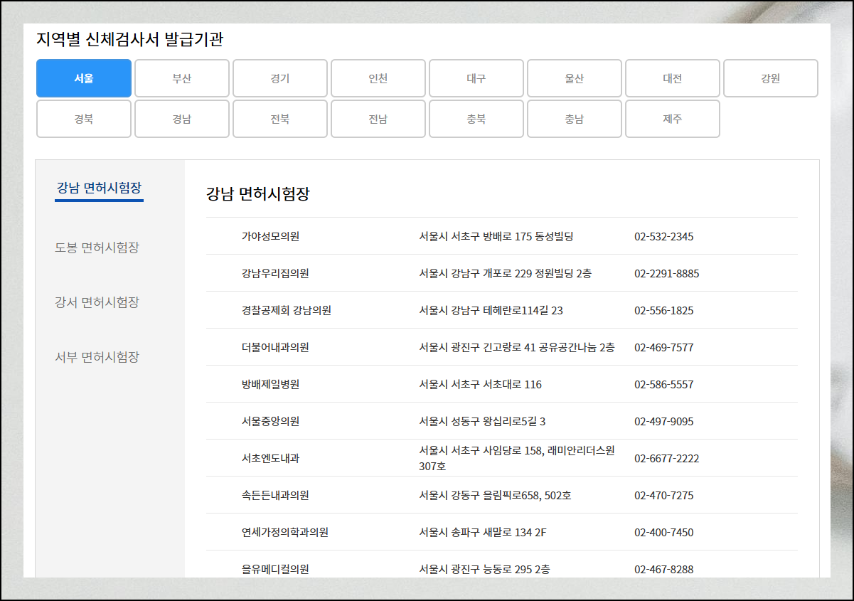 운전면허 적성검사 지정병원 신체검사서 발급기관 찾기