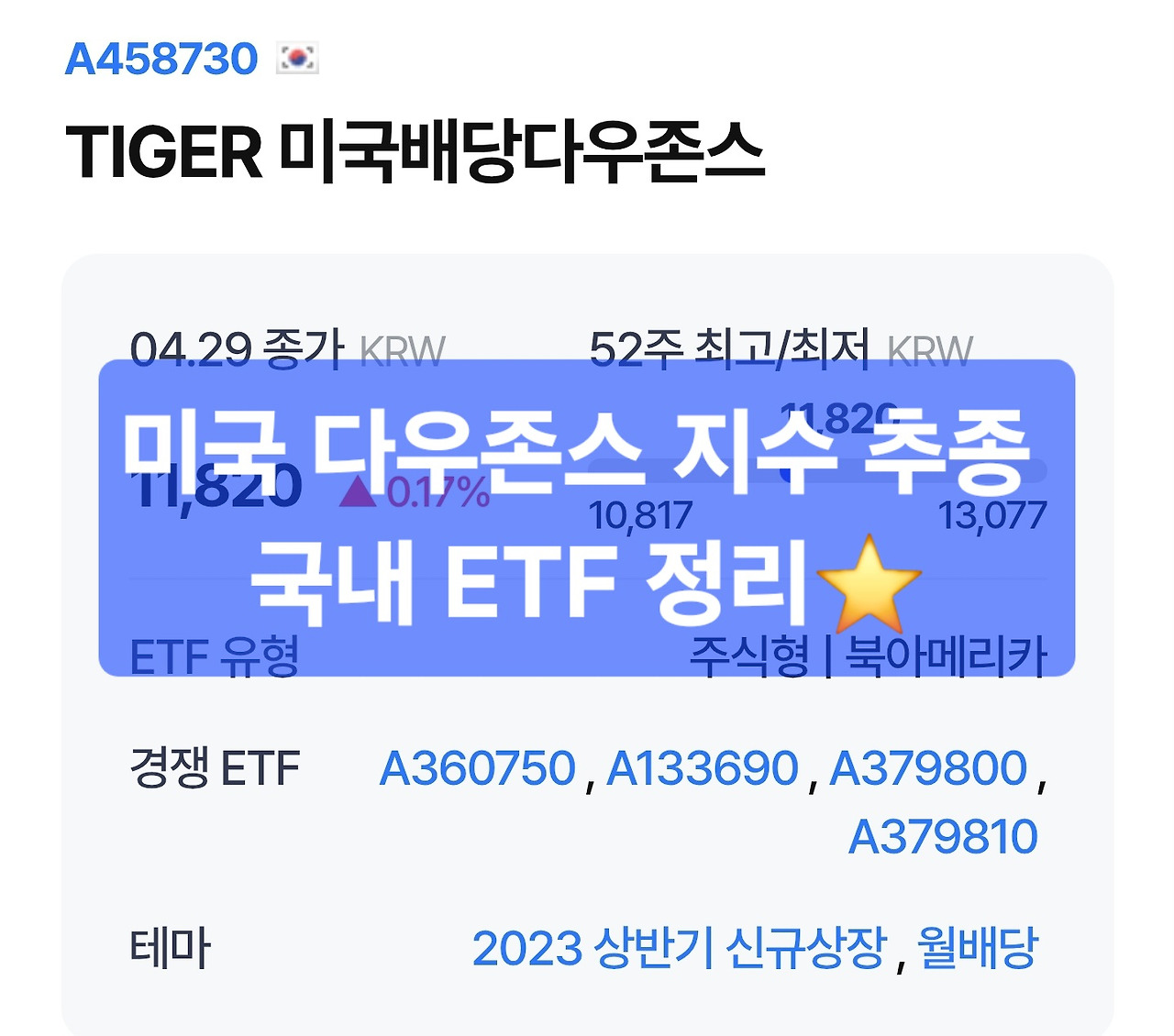 미국 다우존스 지수 추종 국내 ETF 정리, TIGER·SOL·ACE·KODEX 비교 추천