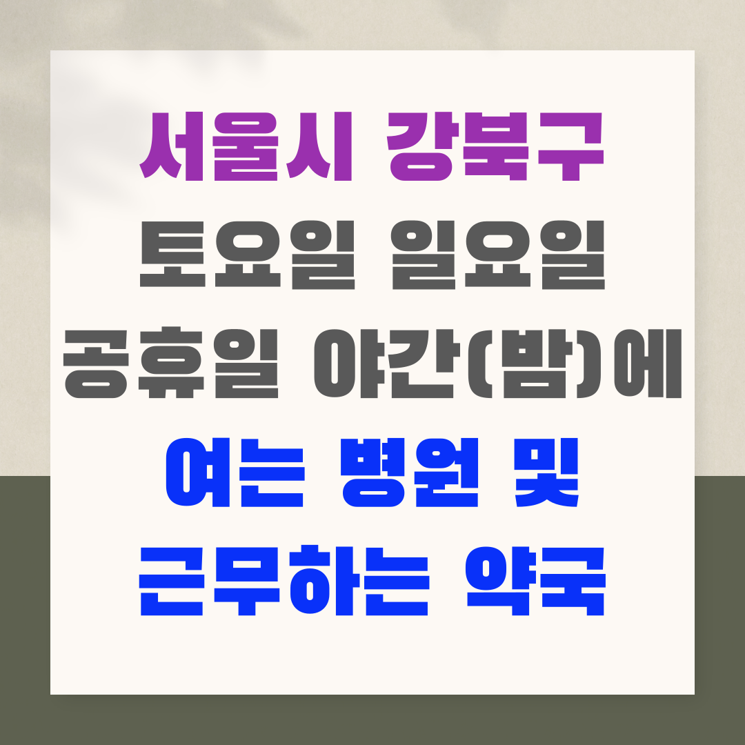 서울시 강북구 토요일 일요일 공휴일 야간밤에 여는 병원 및 근무하는 약국