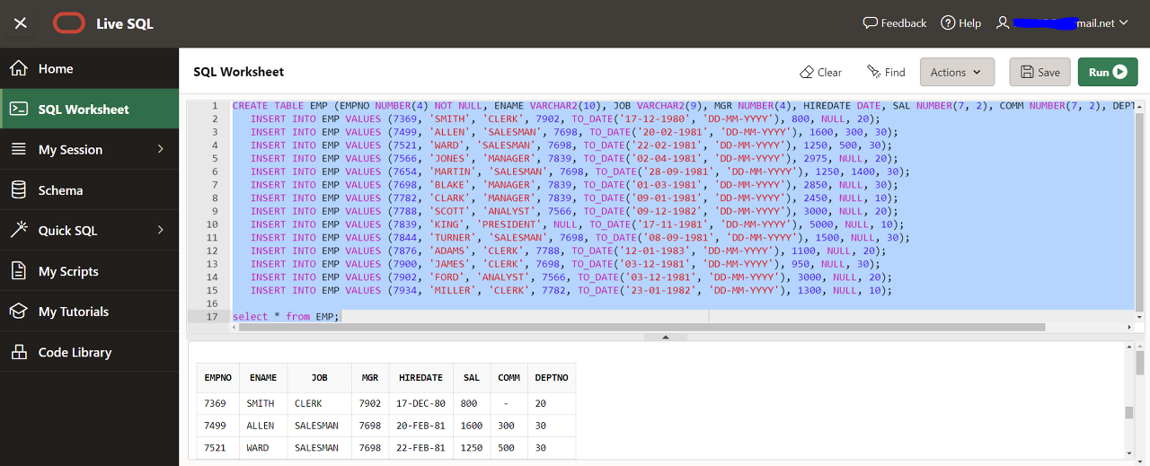 온라인 무료 오라클 라이브 SQL