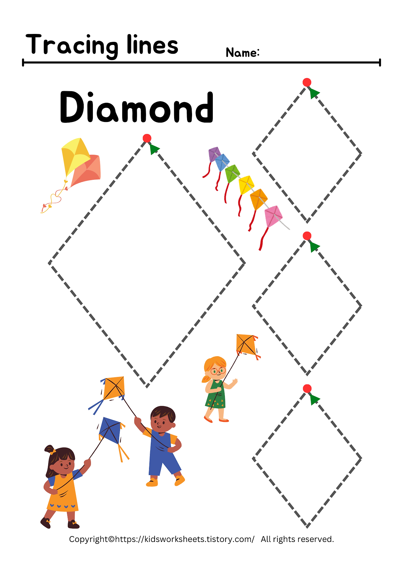 Diamond Shape Tracing 다이아몬드 도형 따라그리기 선긋기 무료 도안