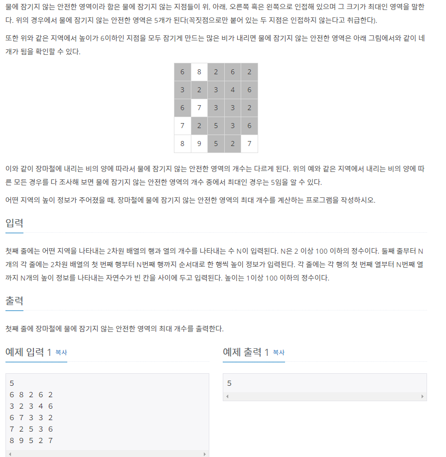 [백준/2468/파이썬] 안전 영역 (Python, dfs)
