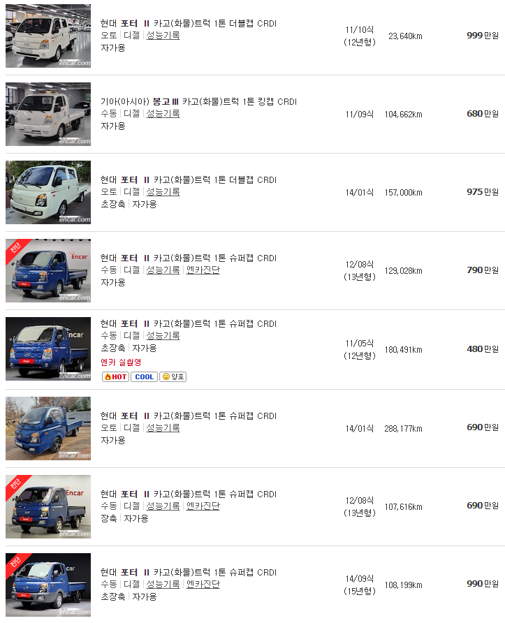 1톤 트럭 중고차 시세