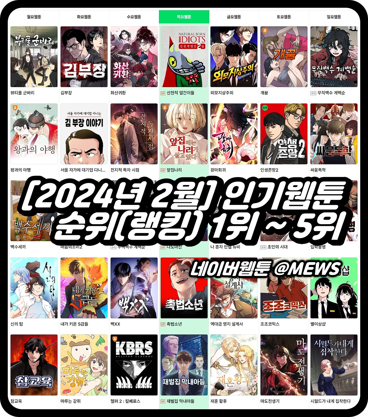 [2024년 2월] 인기웹툰 순위(랭킹) 1위 ~ 10위 / 네이버 카카오 케이툰 블라이스 레진코믹스 투믹스 탑툰 (무료/유료)