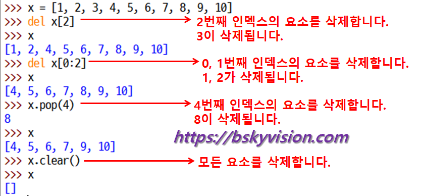 Python 리스트 일부 요소 삭제del 또는 Pop 및 전체 요소 삭제clear하는 방법 By
