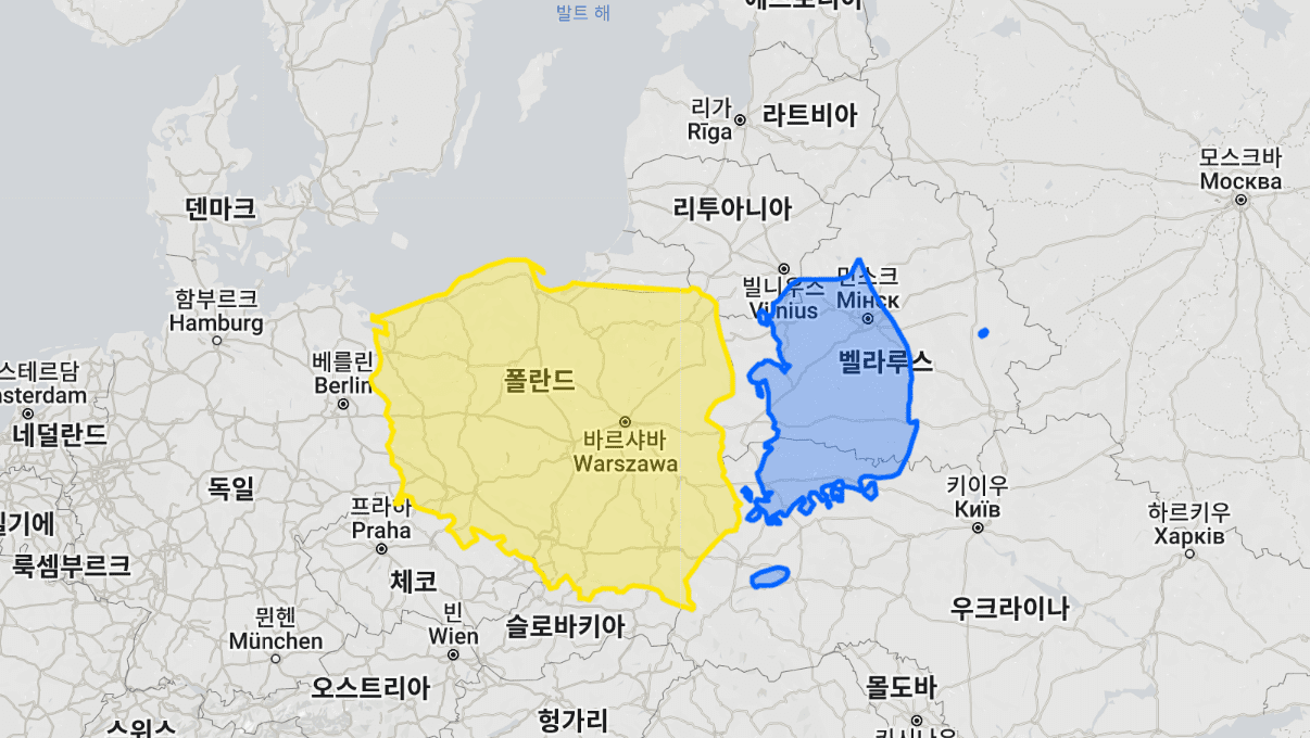 폴란드 Vs 한국 비교땅 면적 지도 비교 인구수
