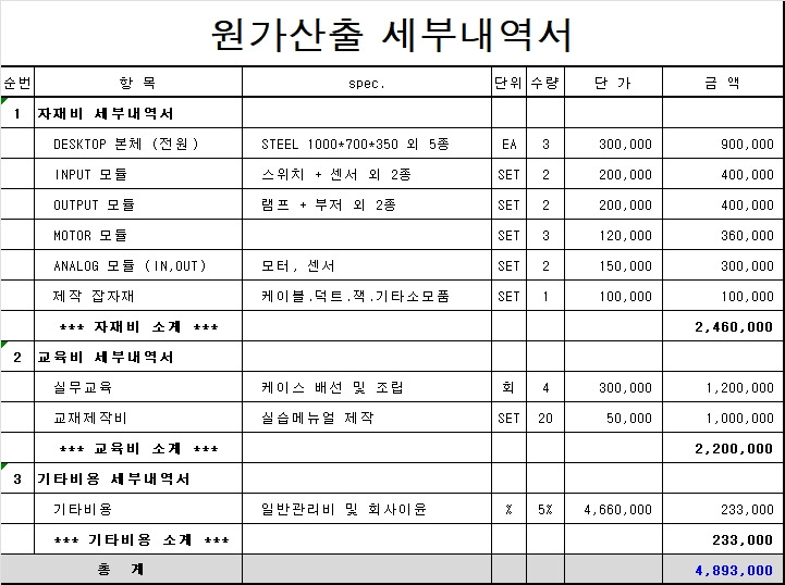 원가 계산서 산출내역서 엑셀 양식 서식 작성 무료 다운로드