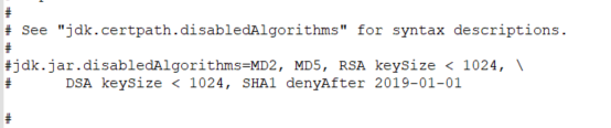 [JAVA] jdk.jar.disabledAlgorithms SHA1 관련 에러