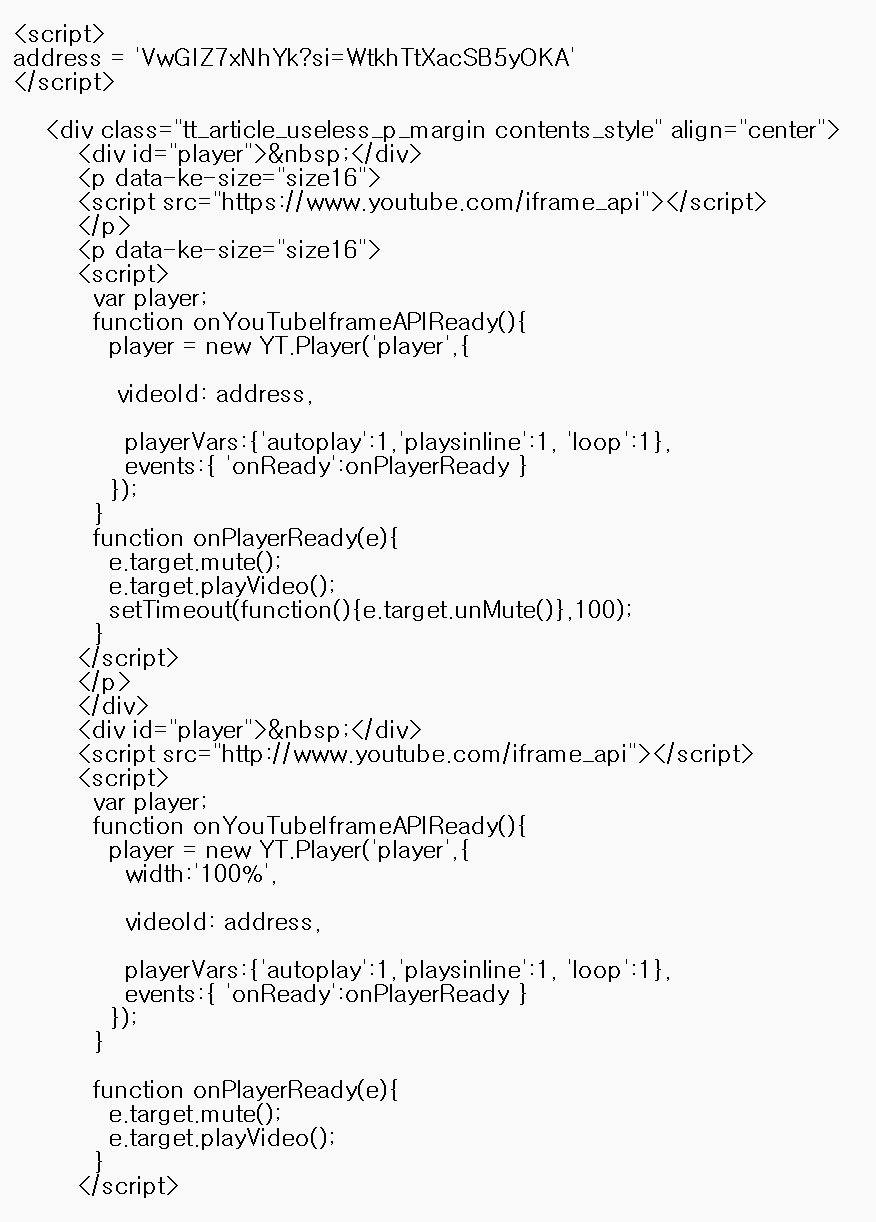티스토리 유튜브 동영상 자동 재생 자바 script