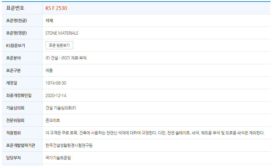 Ks F 2530kcs 41 35 01 석공사 석재 품질시험 관련근거 및 석공사 표준시방서