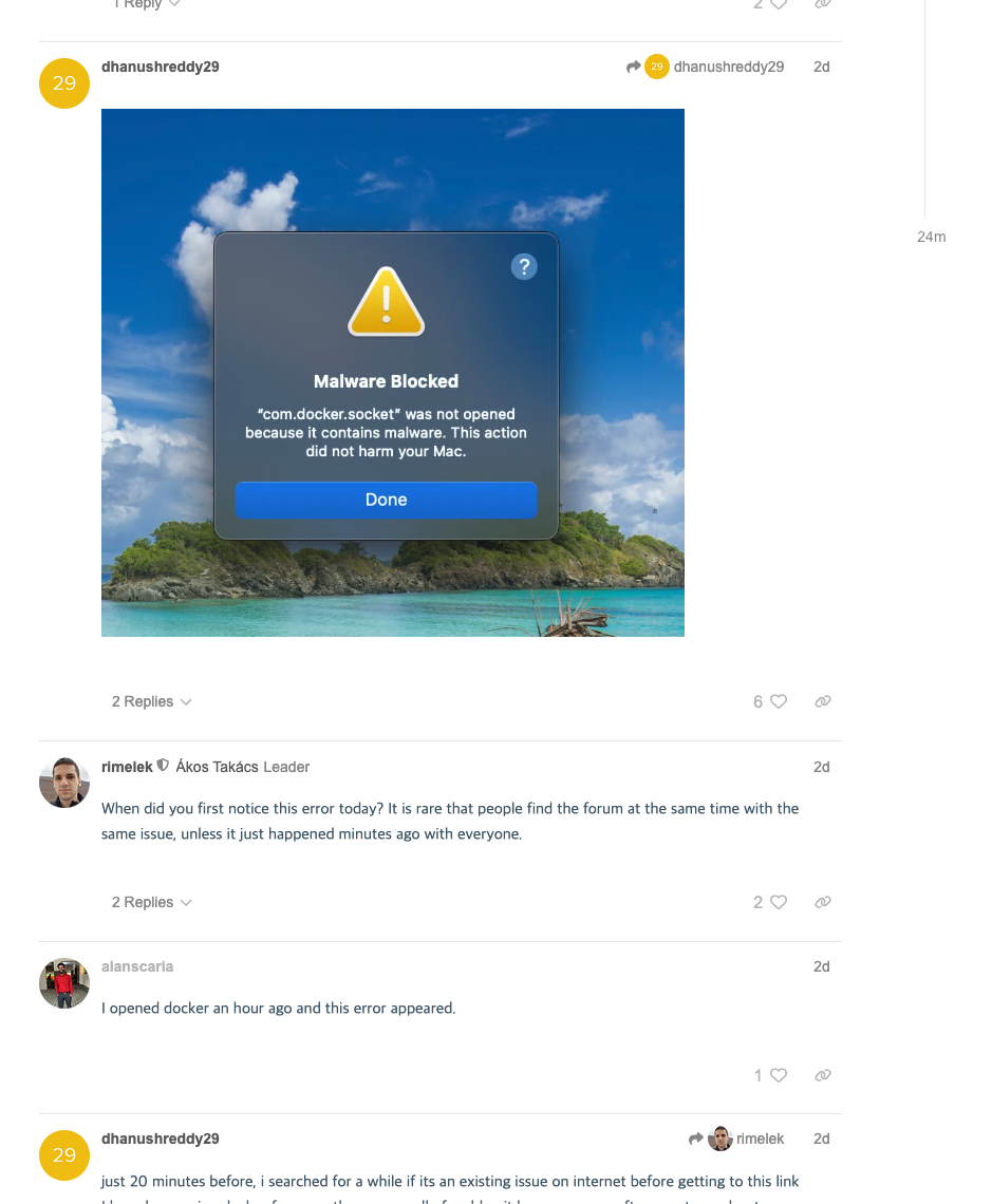 https://forums.docker.com/t/malware-blocked-com-docker-vmnetd-was-not-opened-because-it-contains ...