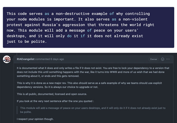 NPM 패키지, 우크라이나 침공에 항의하기 위해 러시아와 벨로루시의 시스템 삭제하도록 업데이트해