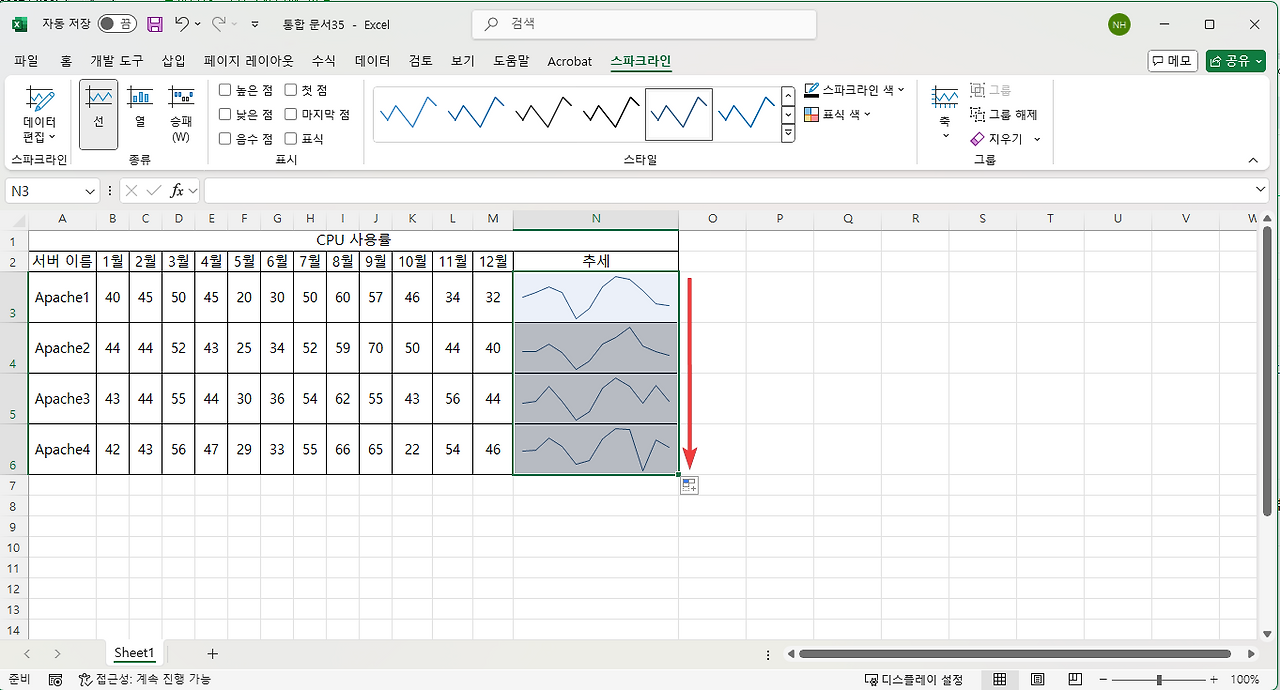 엑셀에서 스파크라인을 이용해 추세선으로 데이터 시각화하기