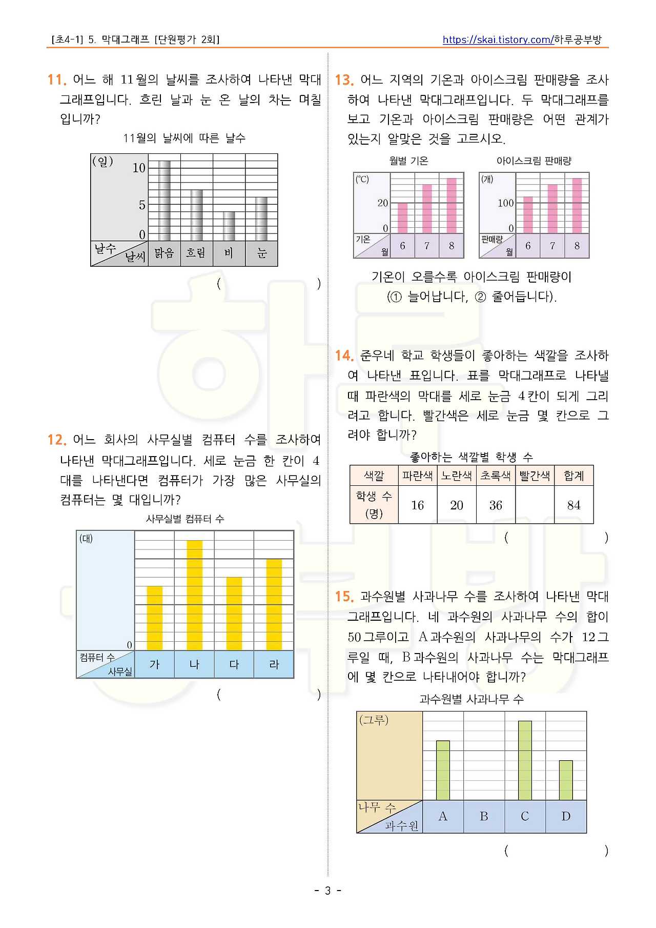 무료 수학 문제 프린트pdf 학습지 초4 1 Ⅴ 막대그래프 단원평가 2회
