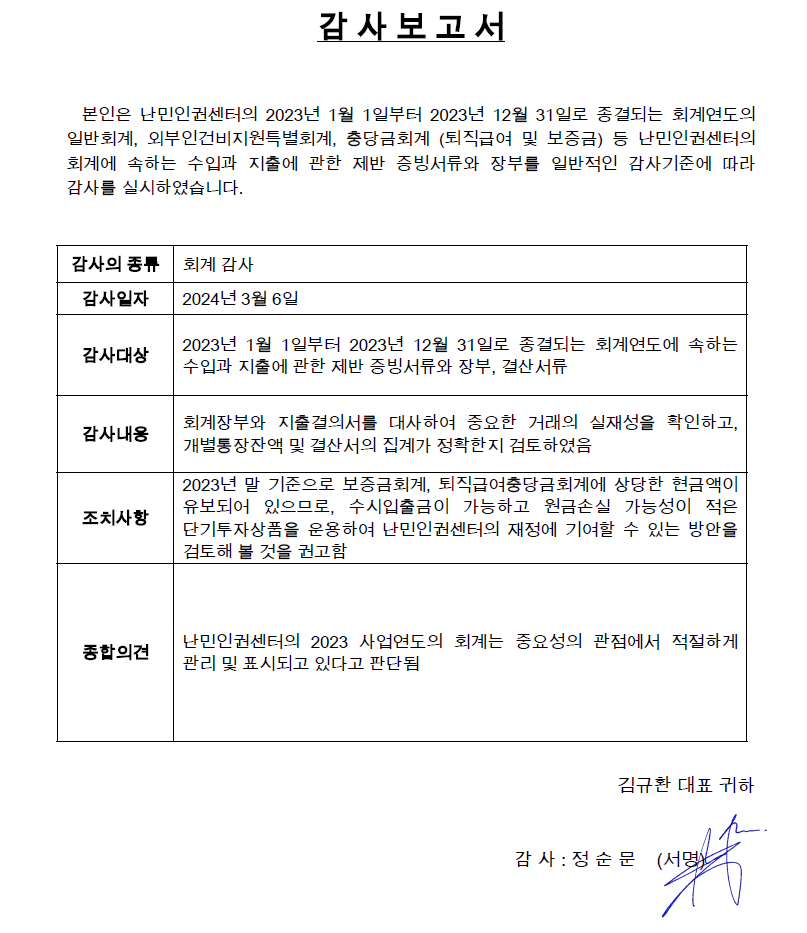 2023년 공익법인 결산서류 등의 공시 기부금 모금액 및 활용실적 출연재산 등에 대한 보고서 회계감사보고서
