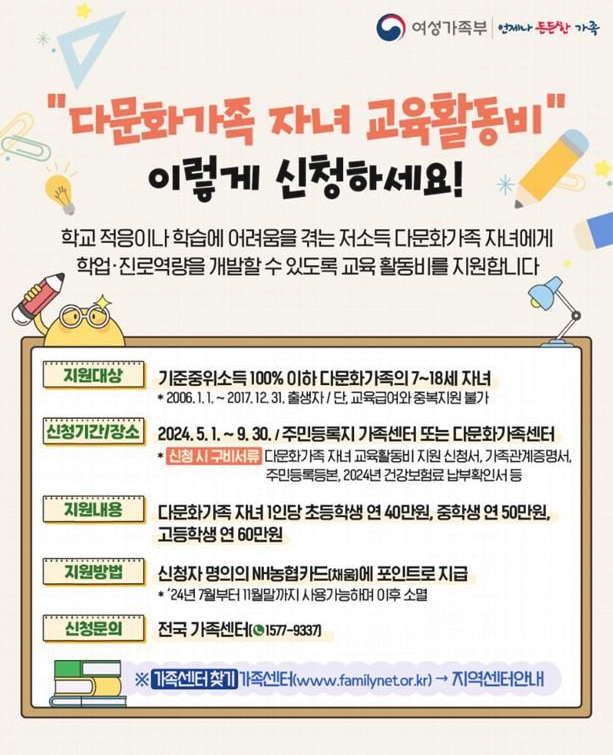 다문화가족 자녀 교육활동비 신청하기 방법 대상 금액 총정리