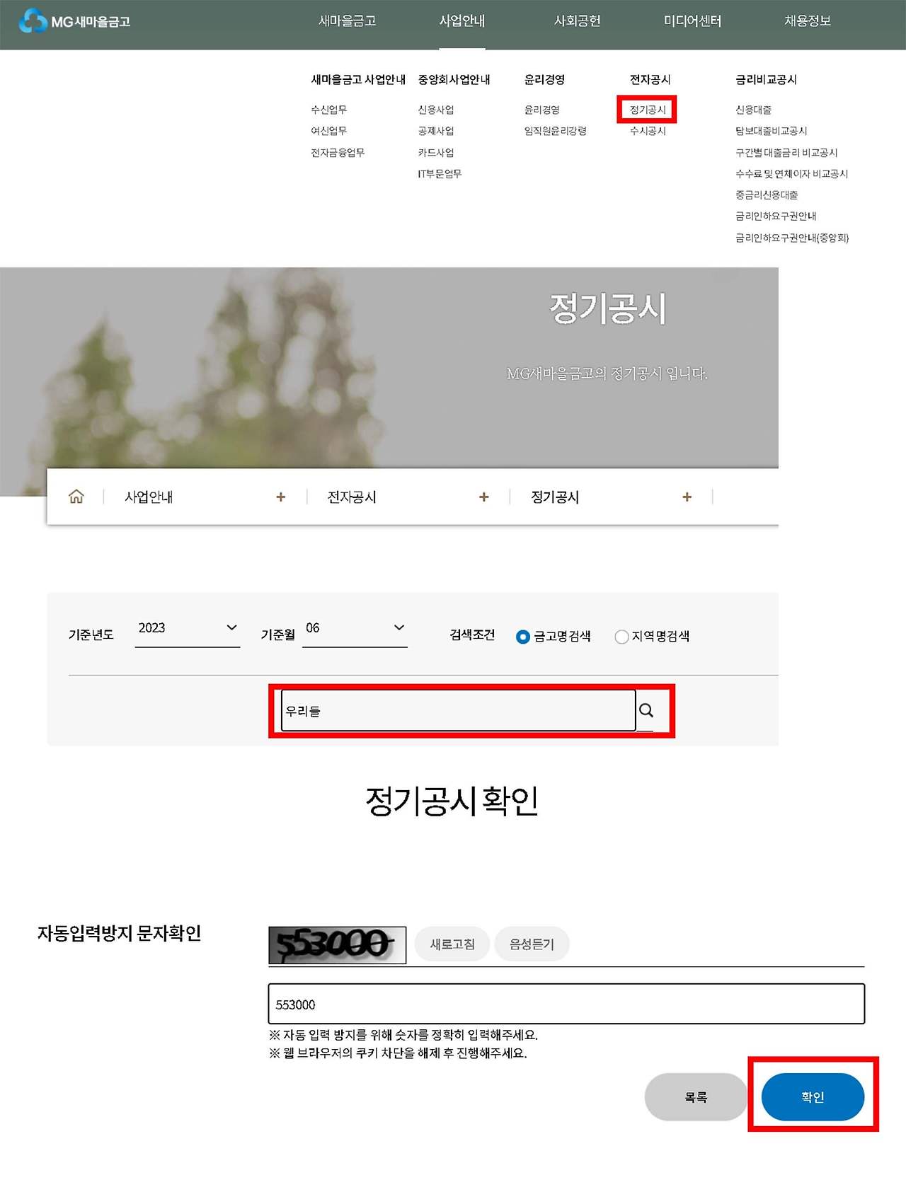 새마을금고 정기공시 확인방법등급 및 부실확인