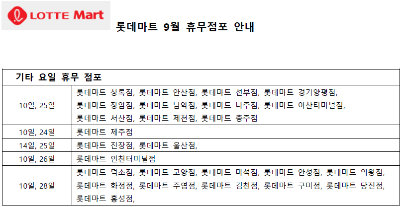 추석연휴 롯데마트 휴무점포 안내 추석연휴 롯데마트 휴일 2022년 9월 롯데마트 휴무일 안내 롯데마트 9월 휴무일 정보