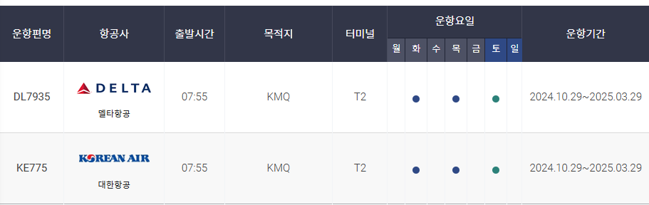 인천 고마쓰 비행시간 항공권 예매 인천공항 고마쓰공항 비행기 시간표