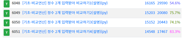 [Python] CodeUp Python 기초 100제 [기초-비교연산] 6048~6051 :: i can do ik!