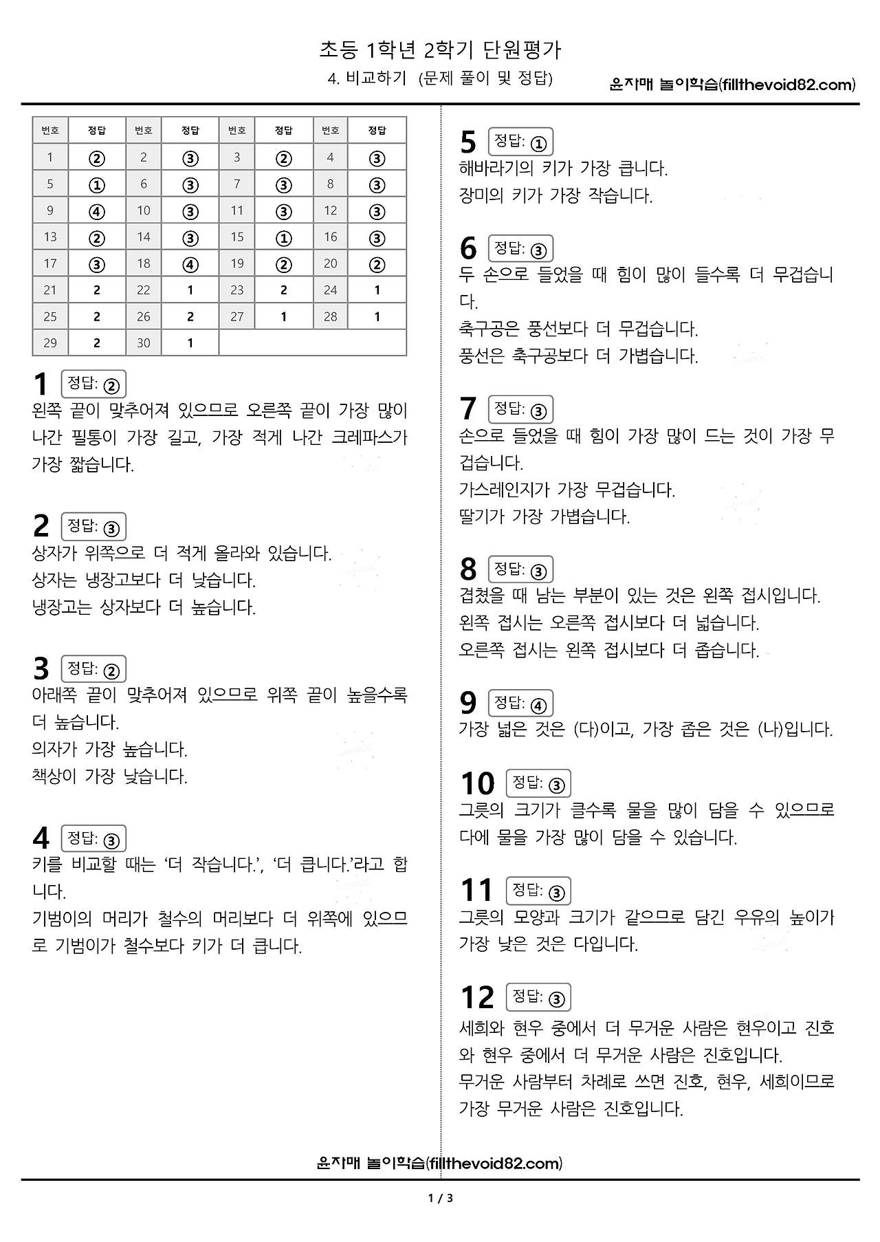 초등무료학습지 초등단원평가 초등 1학년 2학기 4 비교하기
