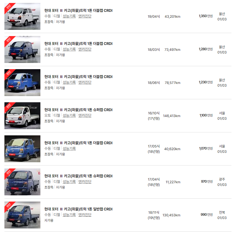 1톤 화물차 중고차 가격 시세표 25년 6월 기준