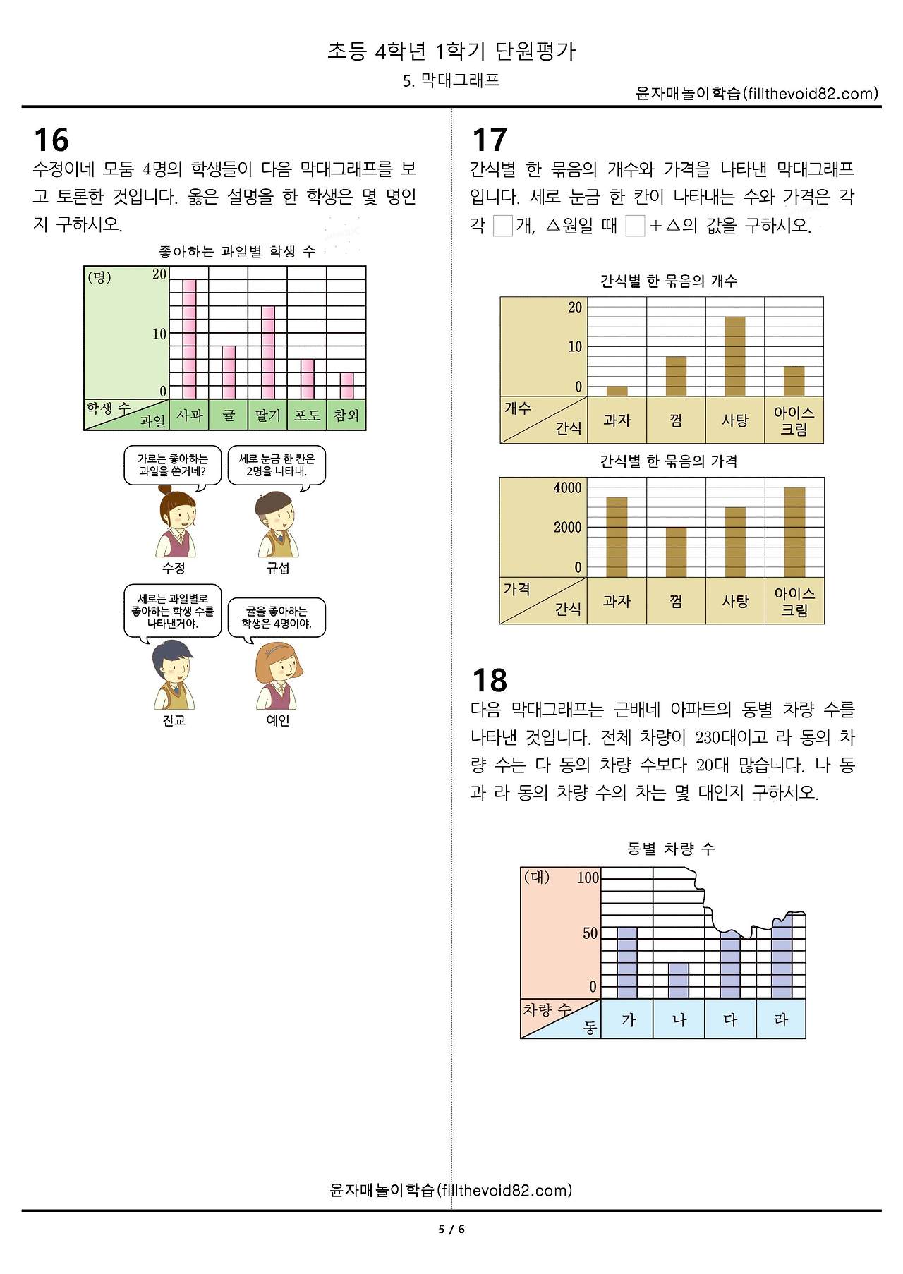 무료학습지 초4 단원평가 4학년 1학기 5막대그래프