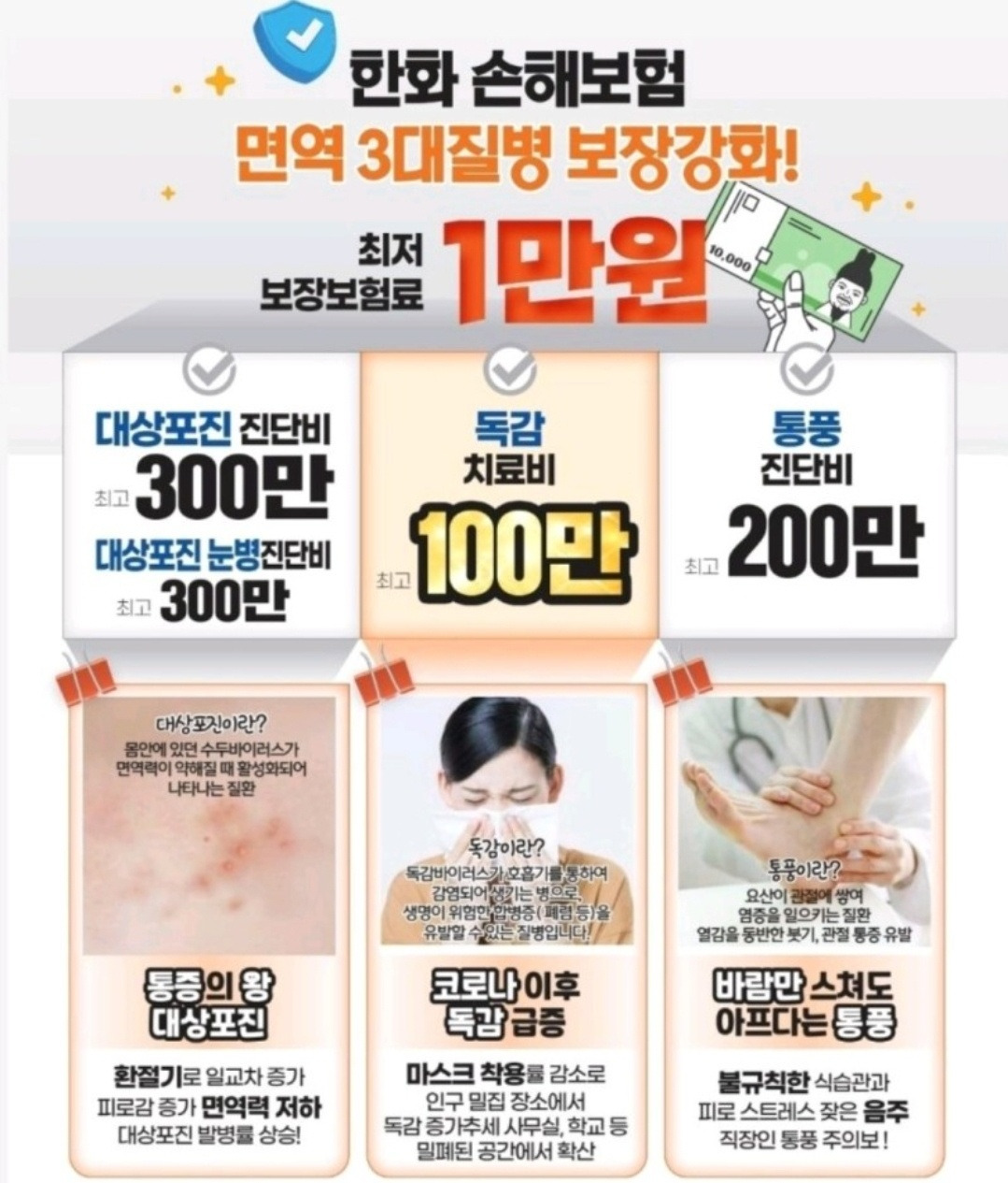독감 보험 진단비 한화 손보 100만원 치료비 코로나19 어린이