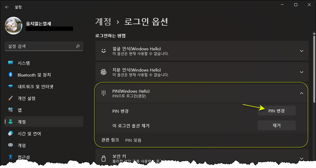 Windows 로그인 옵션 중 PIN 번호를 변경을 할 수 없는 문제