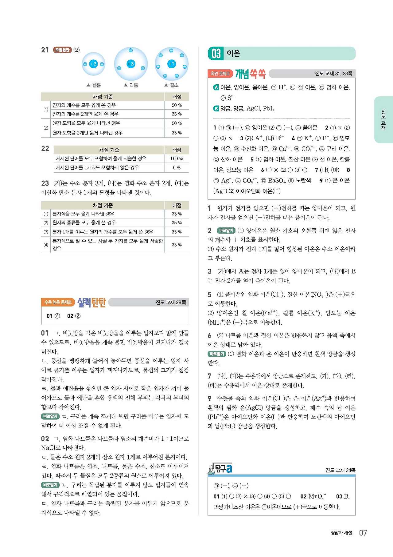 비상 오투중등과학 중2 1 답지 모바일최적화 사진답지