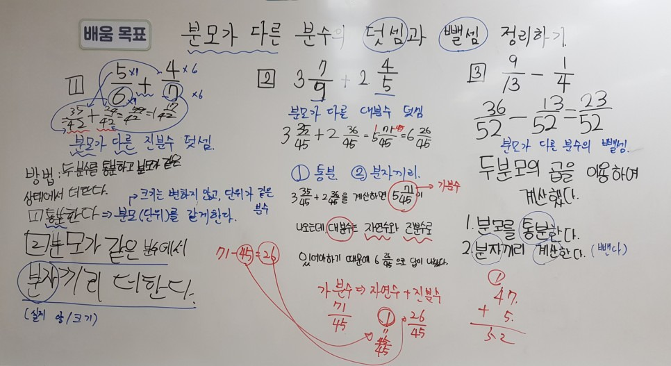 5 분수의 덧셈과 뺄셈 분모가 다른 분수의 덧셈과 뺄셈 완벽 정리5학년 1학기