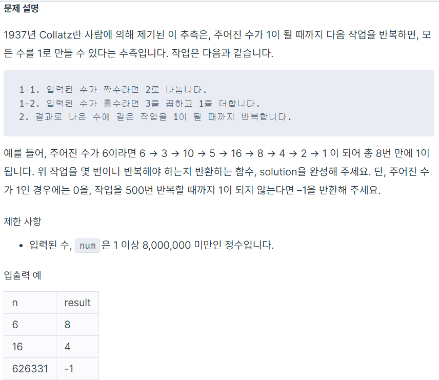 프로그래머스 코딩테스트 콜라츠 추측 Java 