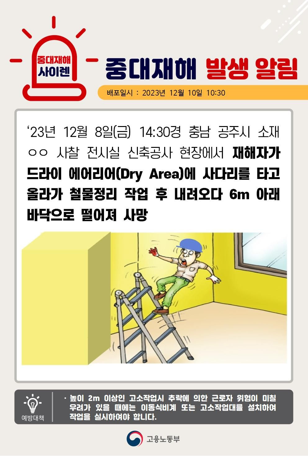 사다리를 타고 올라가 철물 정리 작업 후 내려오다 떨어짐6m