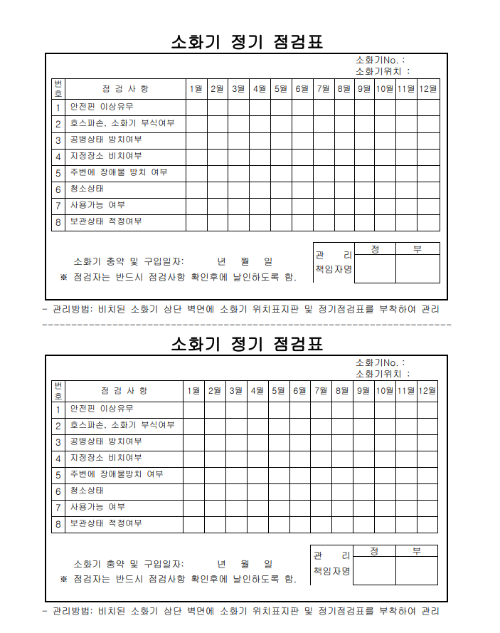 소화기 정기 점검표 양식(서식)의 무료 다운로드와 작성 가이드