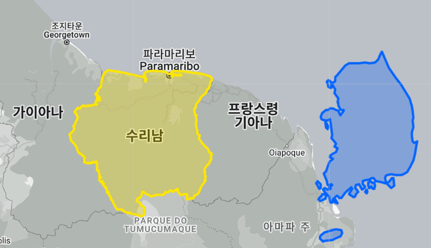 수리남 Vs 한국 비교땅 면적 지도 비교 인구수