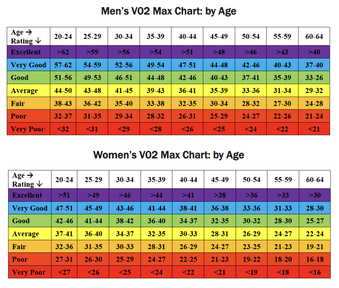 나이대별 최대산소섭취량 Vo2 Max 데이터
