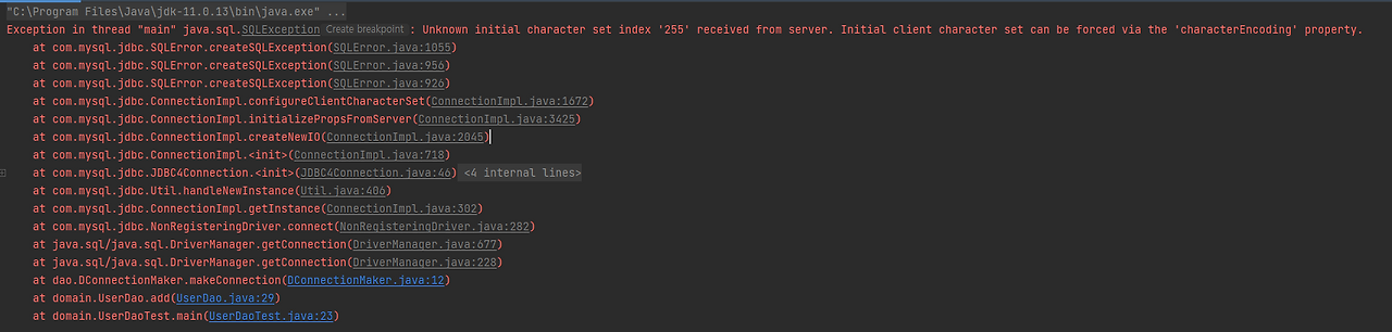 Unknown initial character set index '255' received from server.