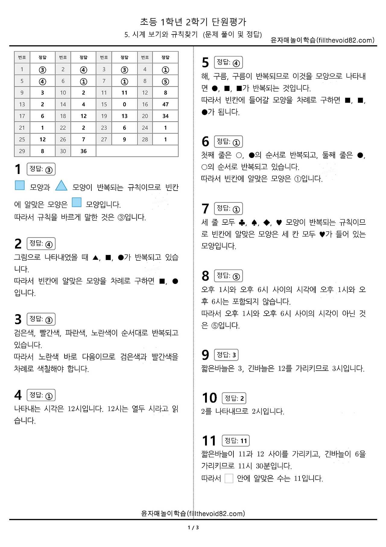 초등수학 무료학습지 초등단원평가 초등 1학년 2학기 5시계보기와 규칙찾기