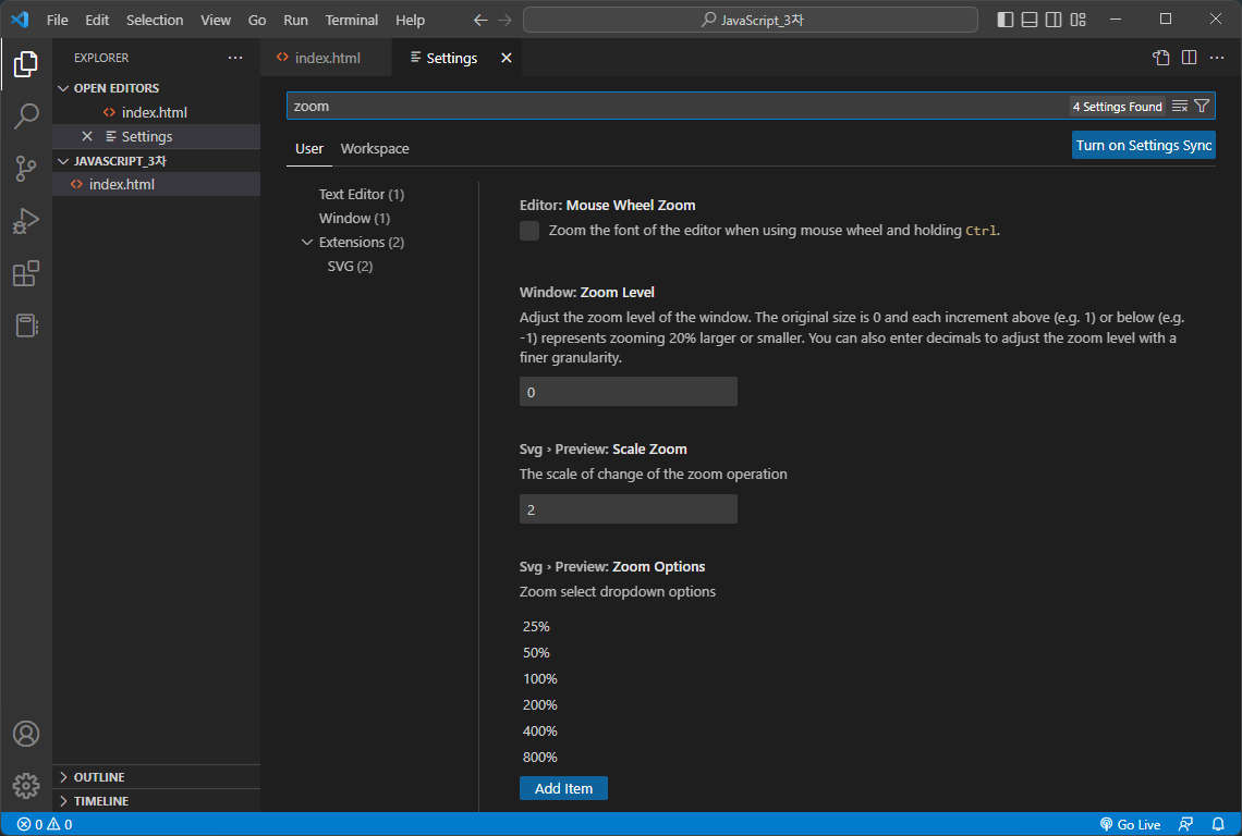 VSCode 코드 글자 확대 - Ctrl + Mouse Wheel 줌 세팅하기
