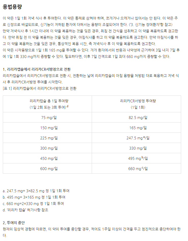 리리카cr서방정165mg 효능 효과 투여방법 부작용 완전 해부하기