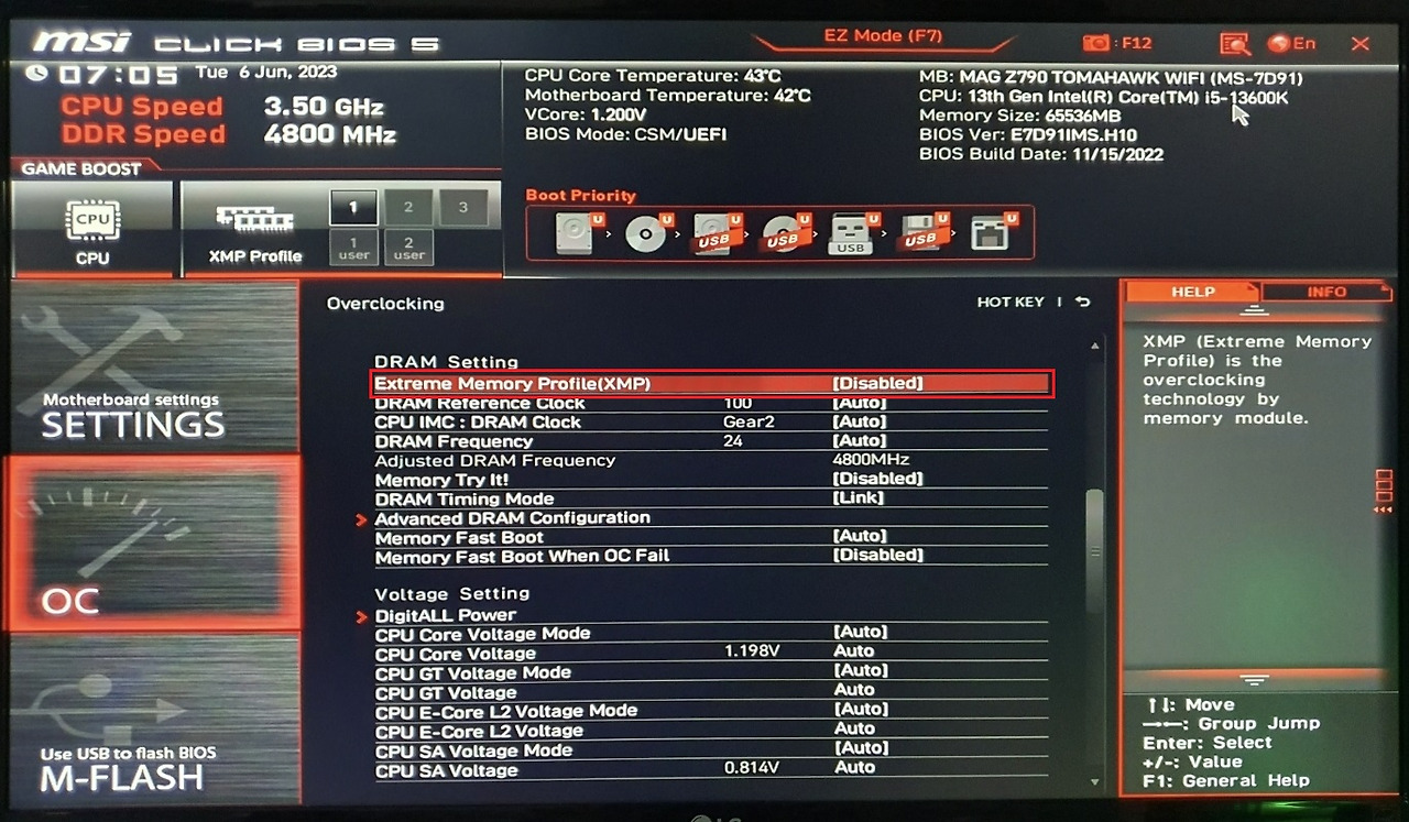 MSI XMP 메모리 설정 방법 - Extreme Memory Profile(XMP) Enabled