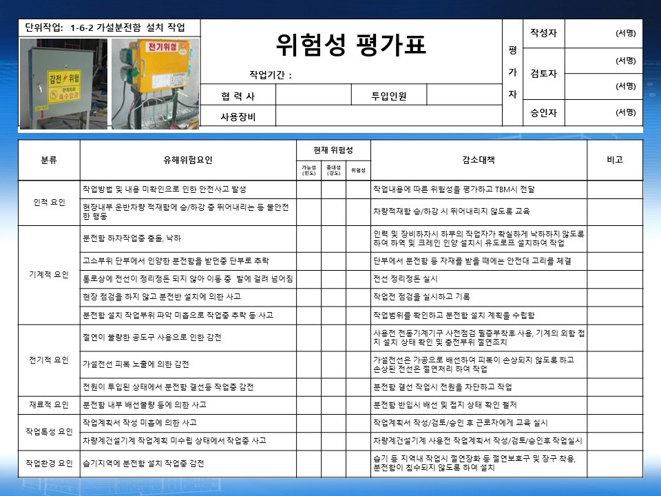 건설공사 안전비법 가설분전함 설치작업 위험성평가표 건설공사 안전비법