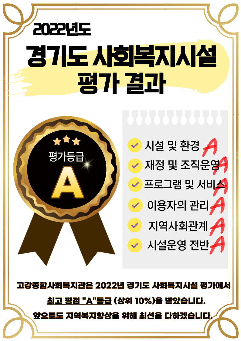 시설평가안내 고강종합사회복지관이 우수 복지관으로 선정되었습니다
